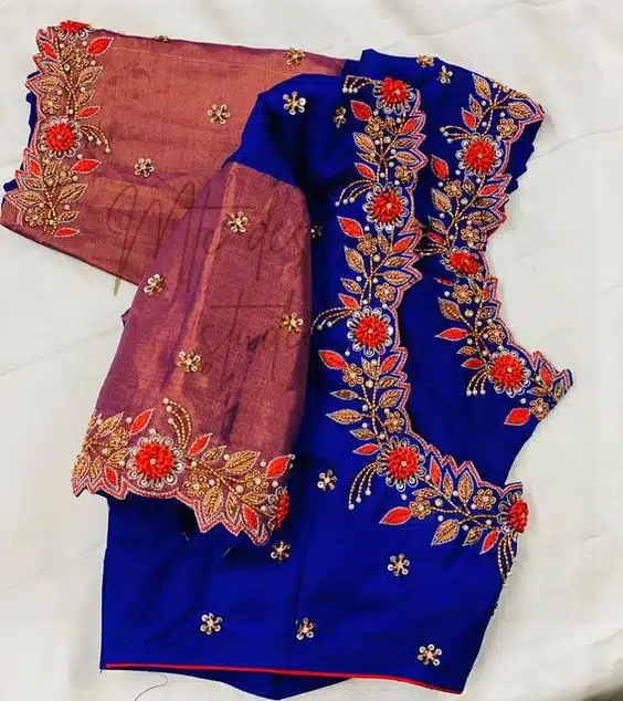 55+ Simple Aari Work Blouse Designs Blue Colour (2024)