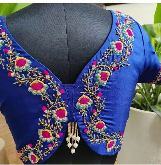 55+ Simple Aari Work Blouse Designs Blue Colour (2024)