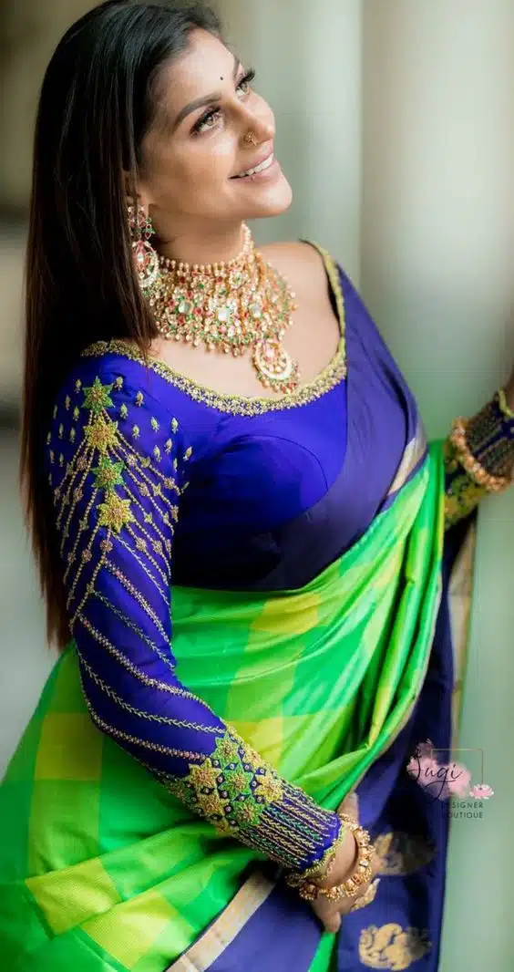 55+ Simple Aari Work Blouse Designs Blue Colour (2024)