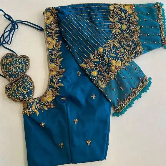55+ Simple Aari Work Blouse Designs Blue Colour (2024)